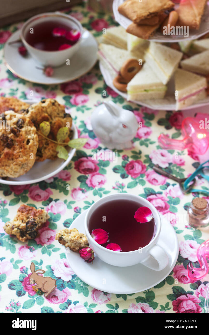 Traditional English tea party in a fabulous decoration. Rustic style ...