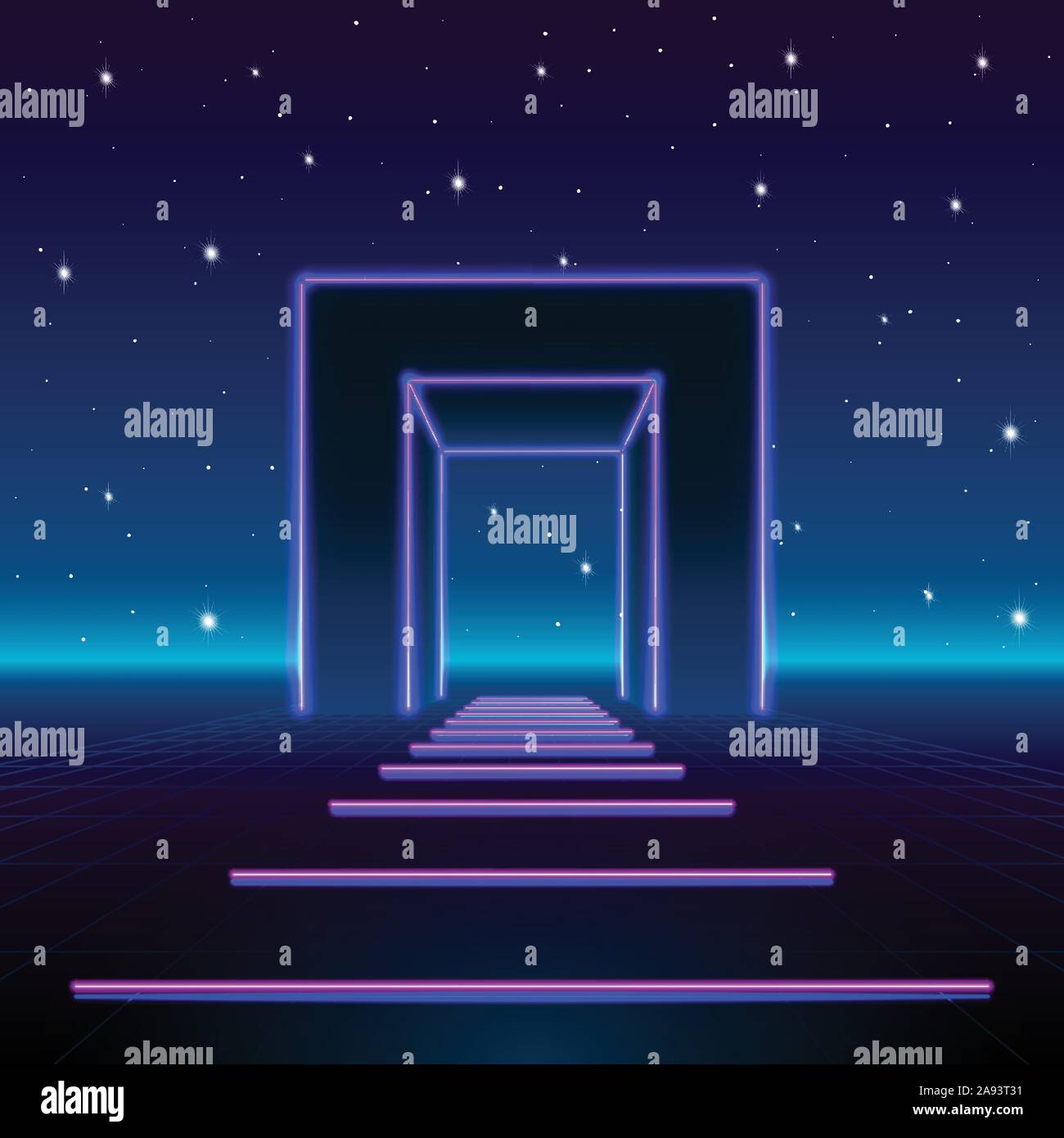 Neon 80s styled massive gate in retro game landscape with shiny road to ...