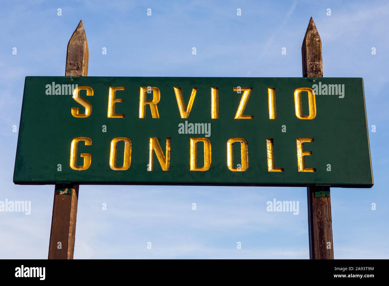 A Servizio Gondole sign on the main island of Venice, Italy. These ...