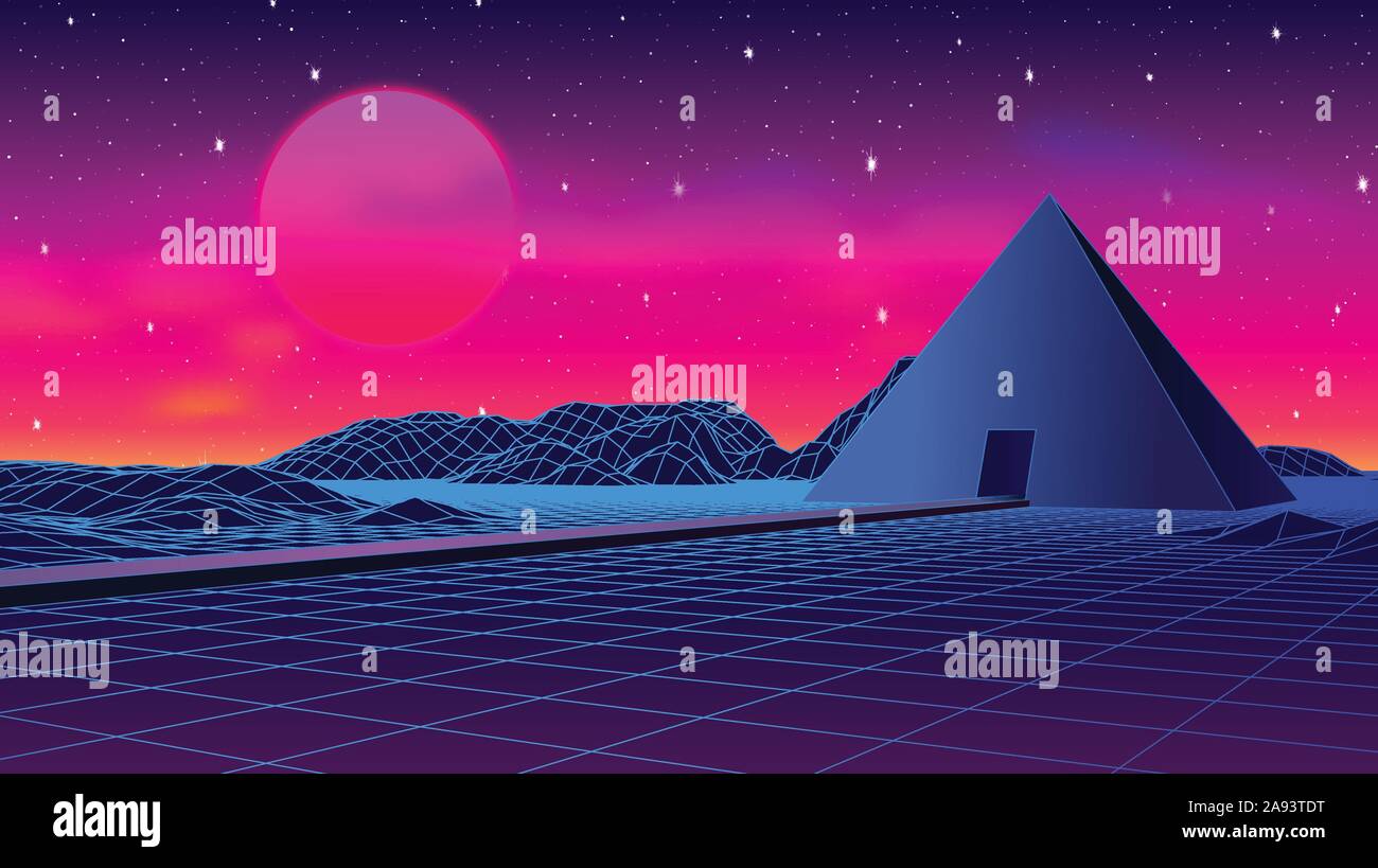 Ancient mysterious pyramid in 80s styled neon landscape with purple sky ...