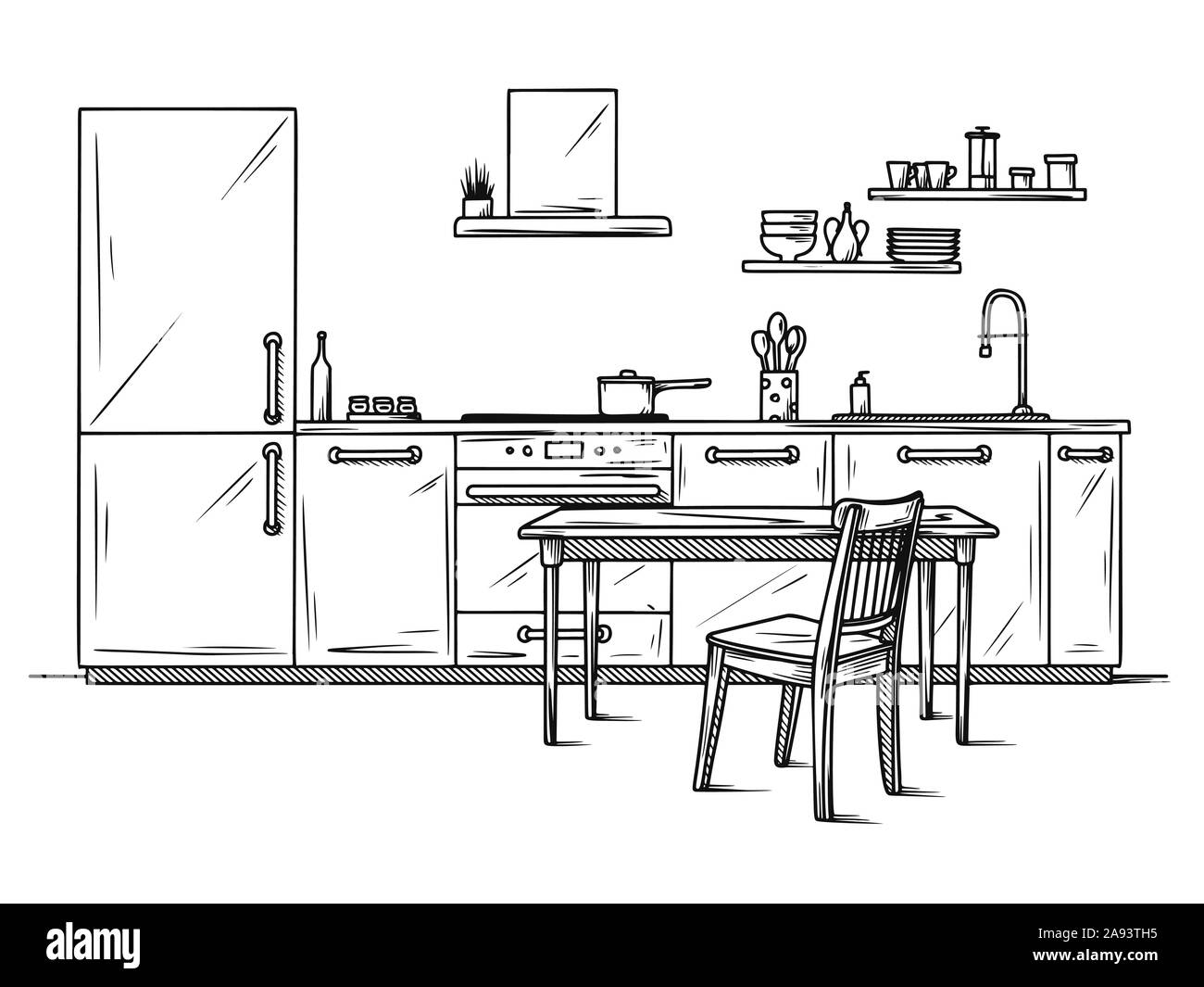 Hand drawn kitchen furniture. Vector illustration in sketch style Stock ...