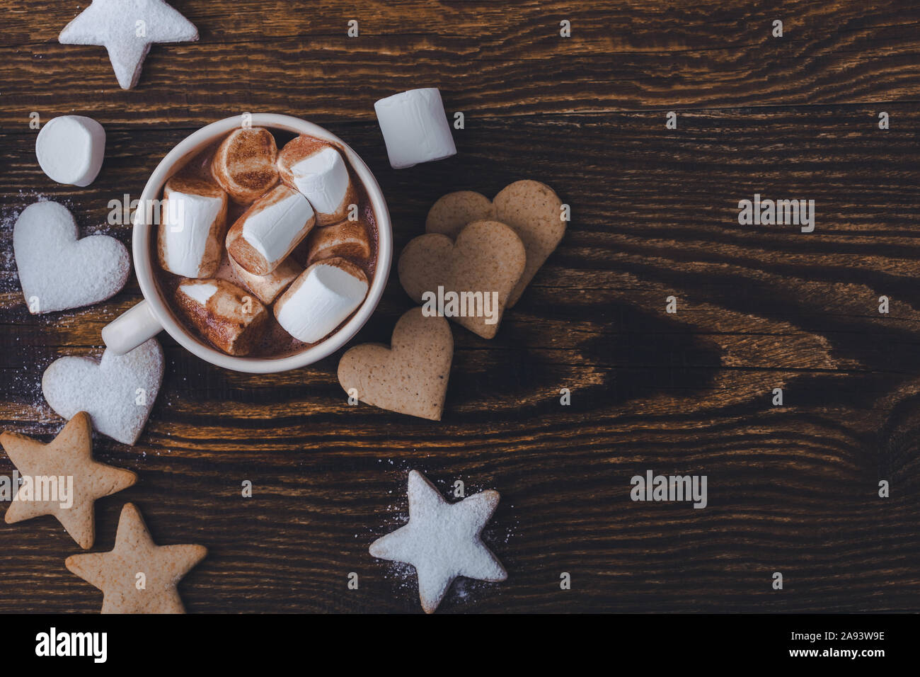 Hot chocolate, cocoa with marshmallows, star shape and heart shape ...