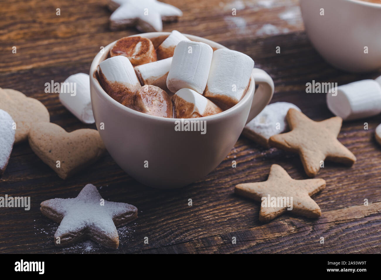 Hot chocolate, cocoa with marshmallows, star shape and heart shape ...