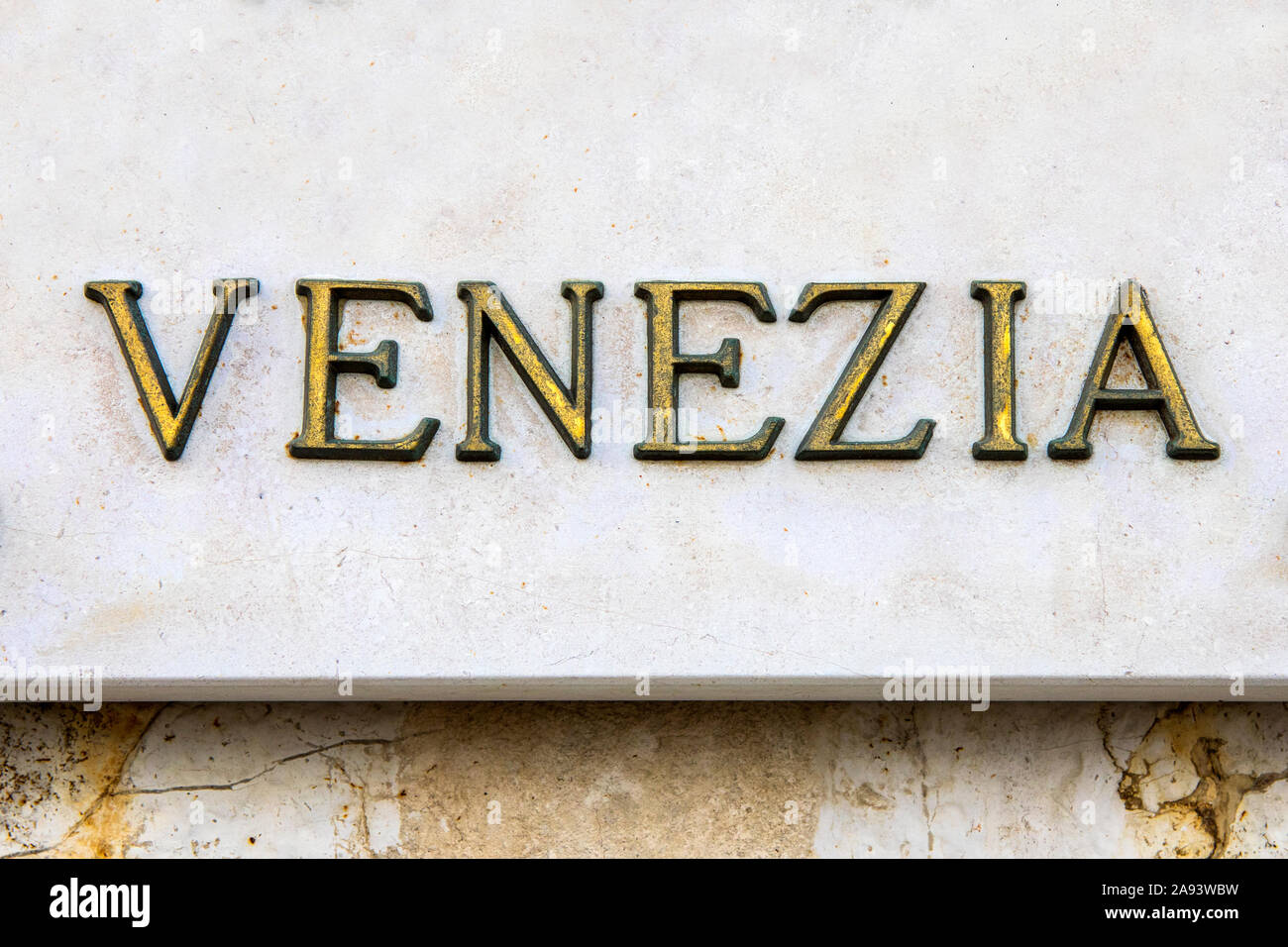 Close-up of the word VENEZIA - meaning Venice in English. The historic ...