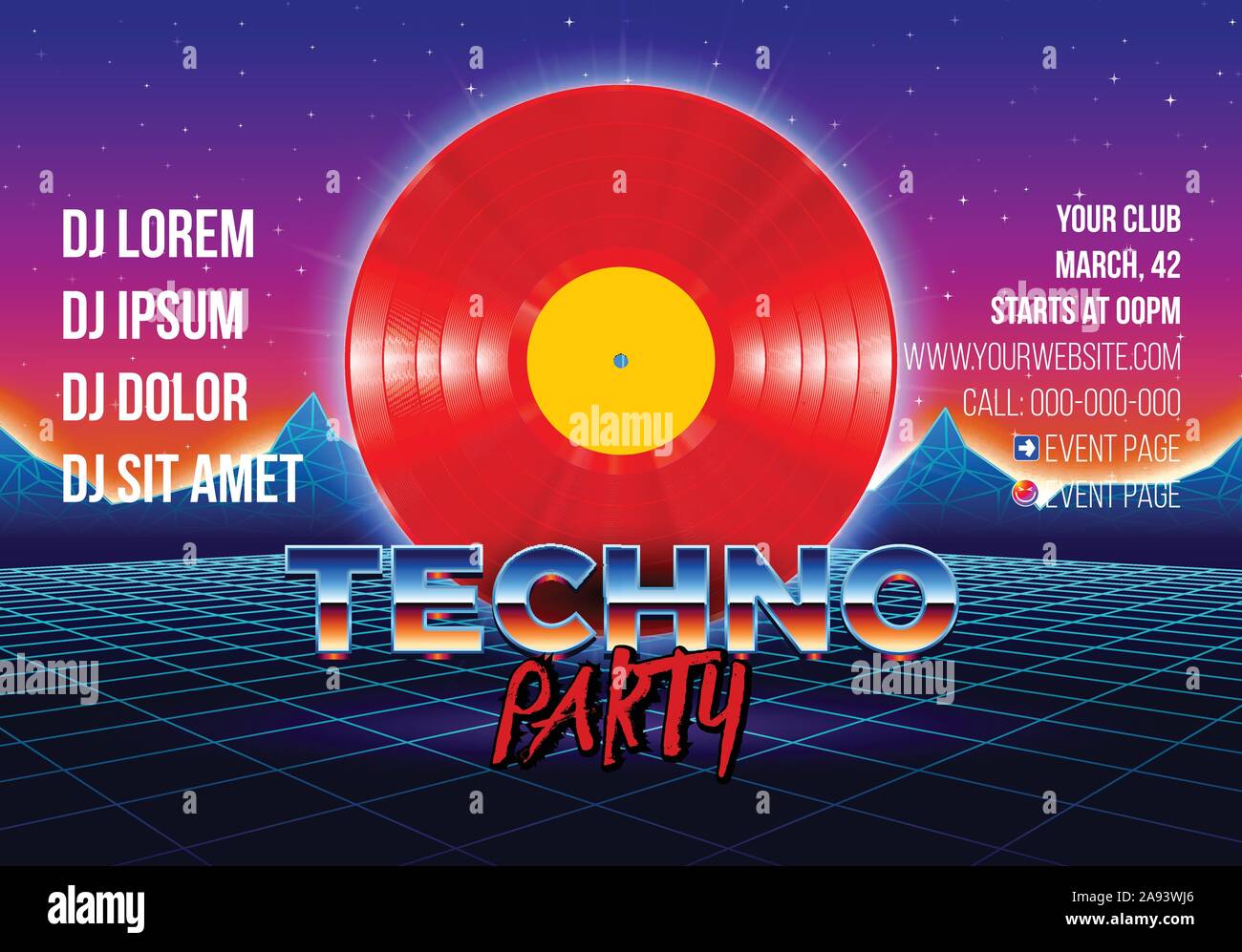 80s party poster with arcade styled background and red vinyl lp for ...