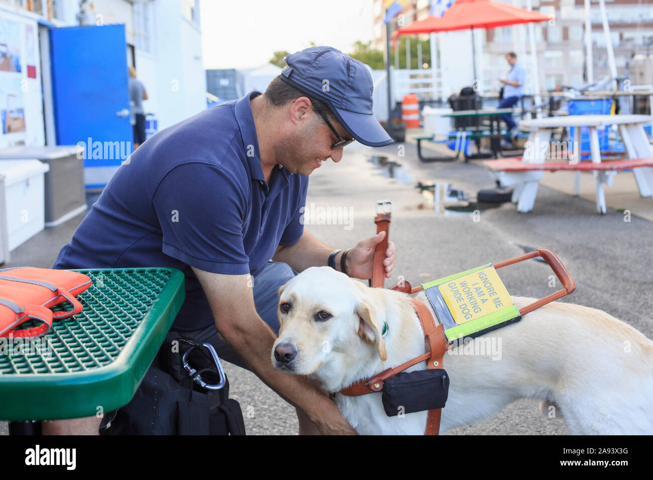 Blind man sitting with his service dog Stock Photo - Alamy