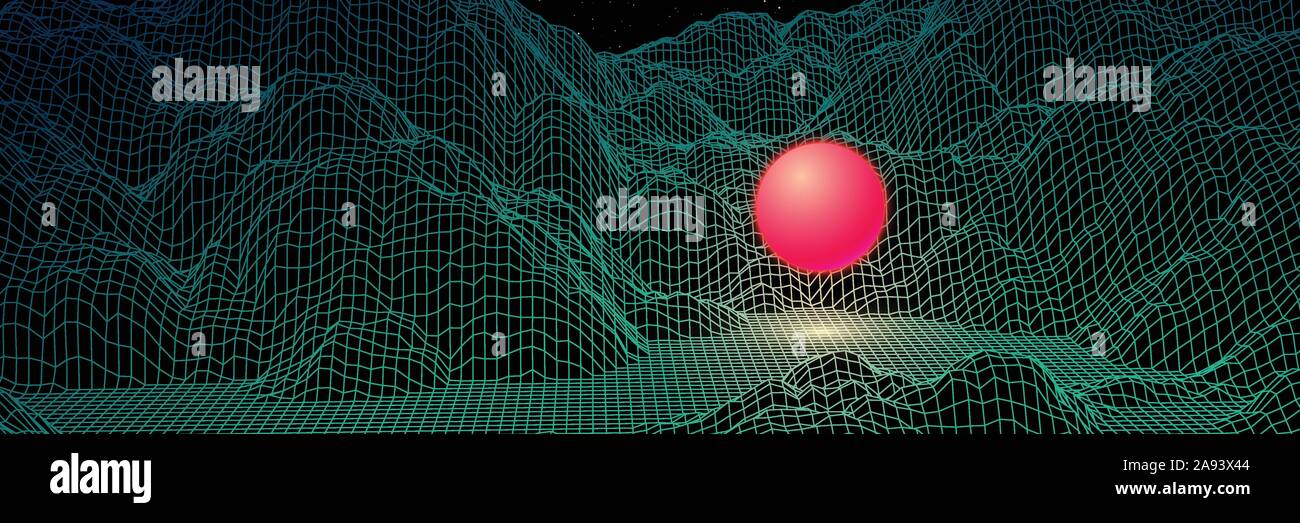 Landscape with wireframe grid of 80s styled retro computer game Stock ...