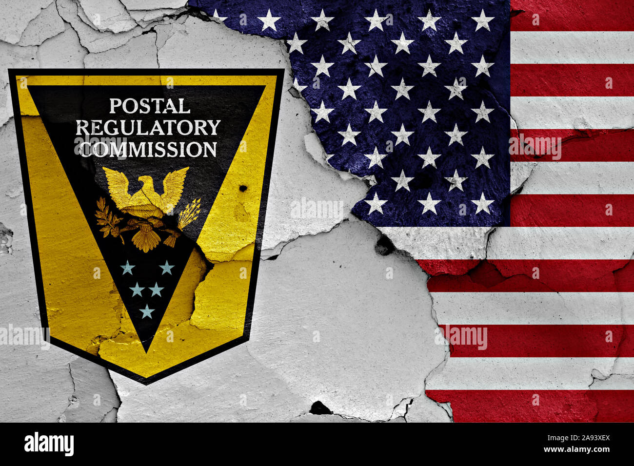 flags of Postal Regulatory Commission and USA painted on cracked wall ...