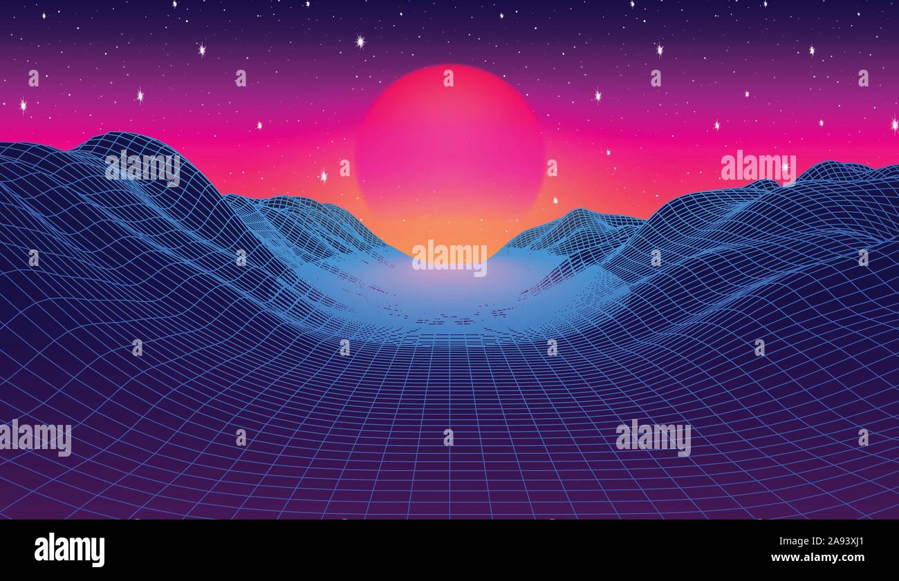 80s synthwave styled landscape with blue grid mountains and sun over ...