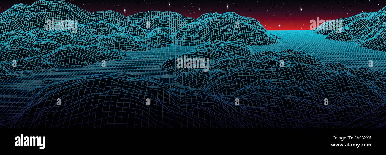 Neon grid landscape and mountains with 80s arcade game style Stock ...