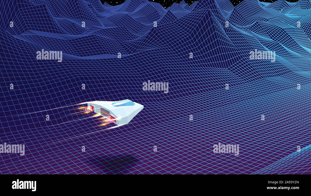 Arcade space ship flying through the blue corridor or canyon landscape ...