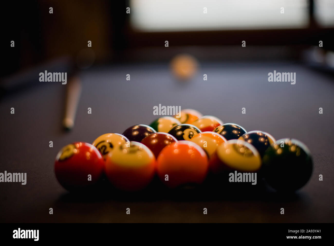 Pool balls in the shape of a triangle on a pool table Stock Photo - Alamy