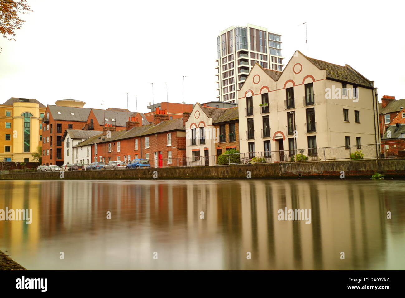 Houses and flats by the river Kennet, Reading. View from Abbey Ruins ...