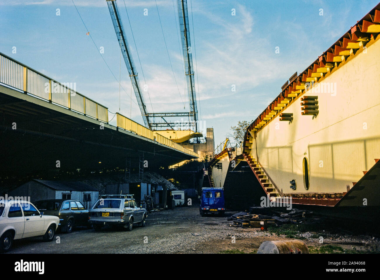 The Humber Bridge under construction, 1979. Showing road deck sections ...