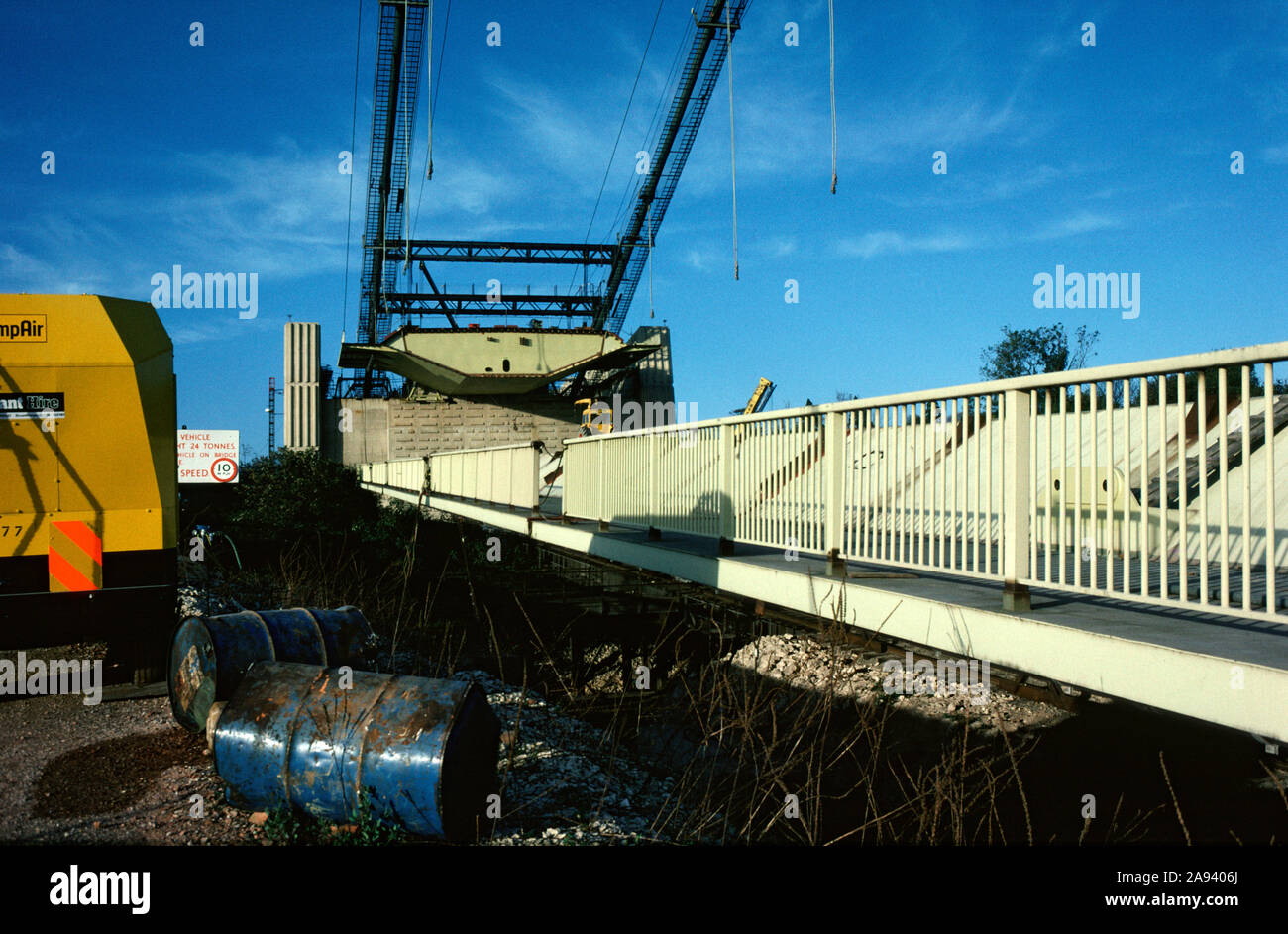 The Humber Bridge under construction, 1979. Showing road deck sections ...