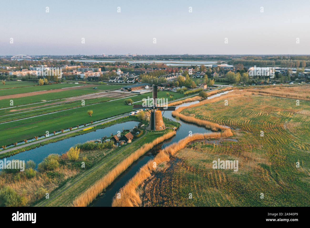Aerial drone shot view of Kinderdijk Wind Mills in the filed near ...