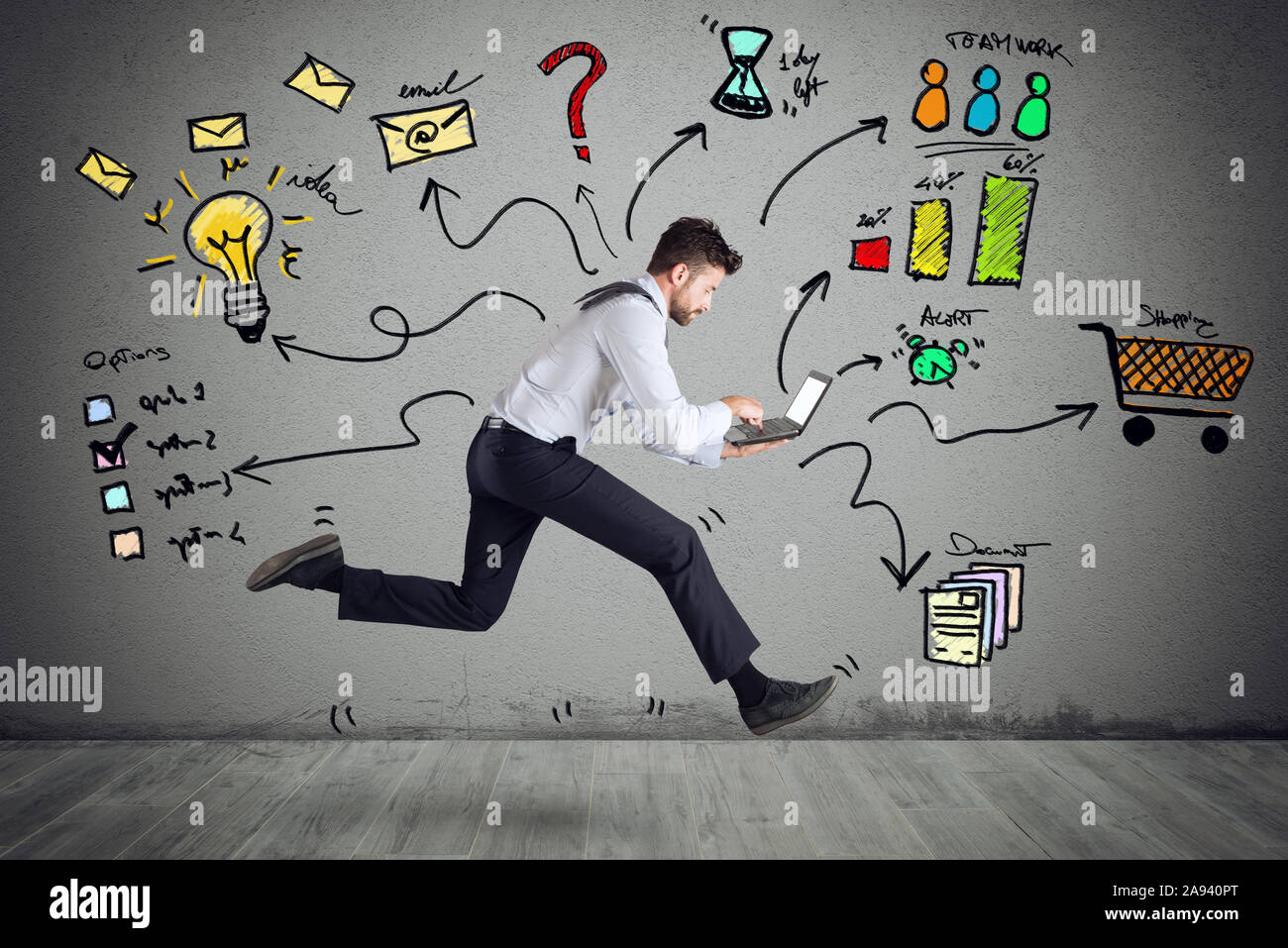 Businessman with four legs runs with too many tasks on laptop. Concept ...