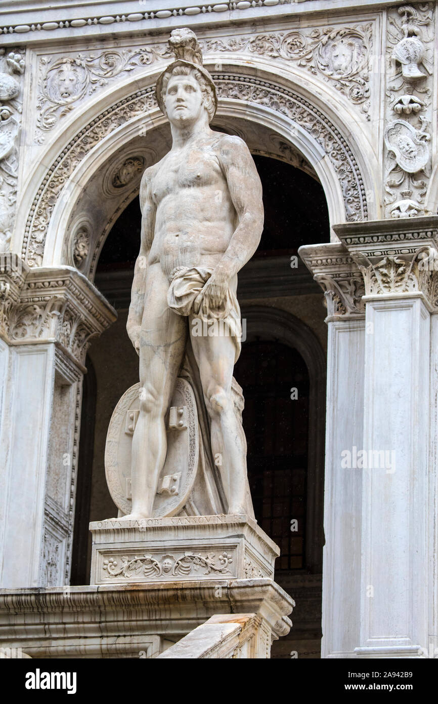 Venice, Italy - July 18th 2019: A statue of Mars - the Roman God of War ...