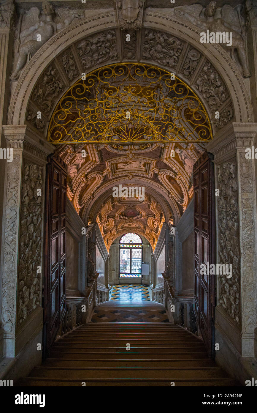 Venice, Italy - July 18th 2019: A view of the stunning Golden Staircase ...