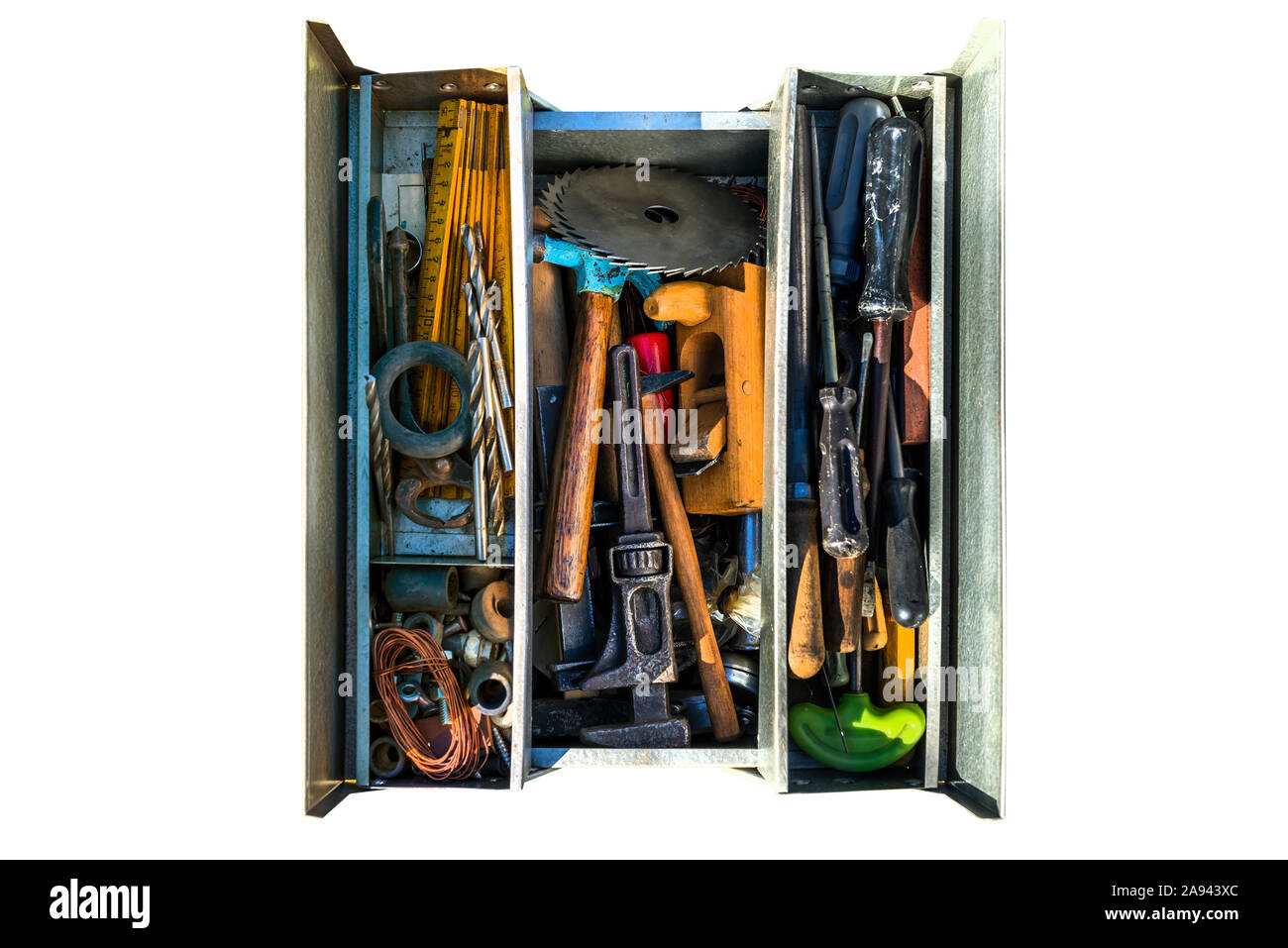 An open tool box with various old tools visible from above, isolated on ...
