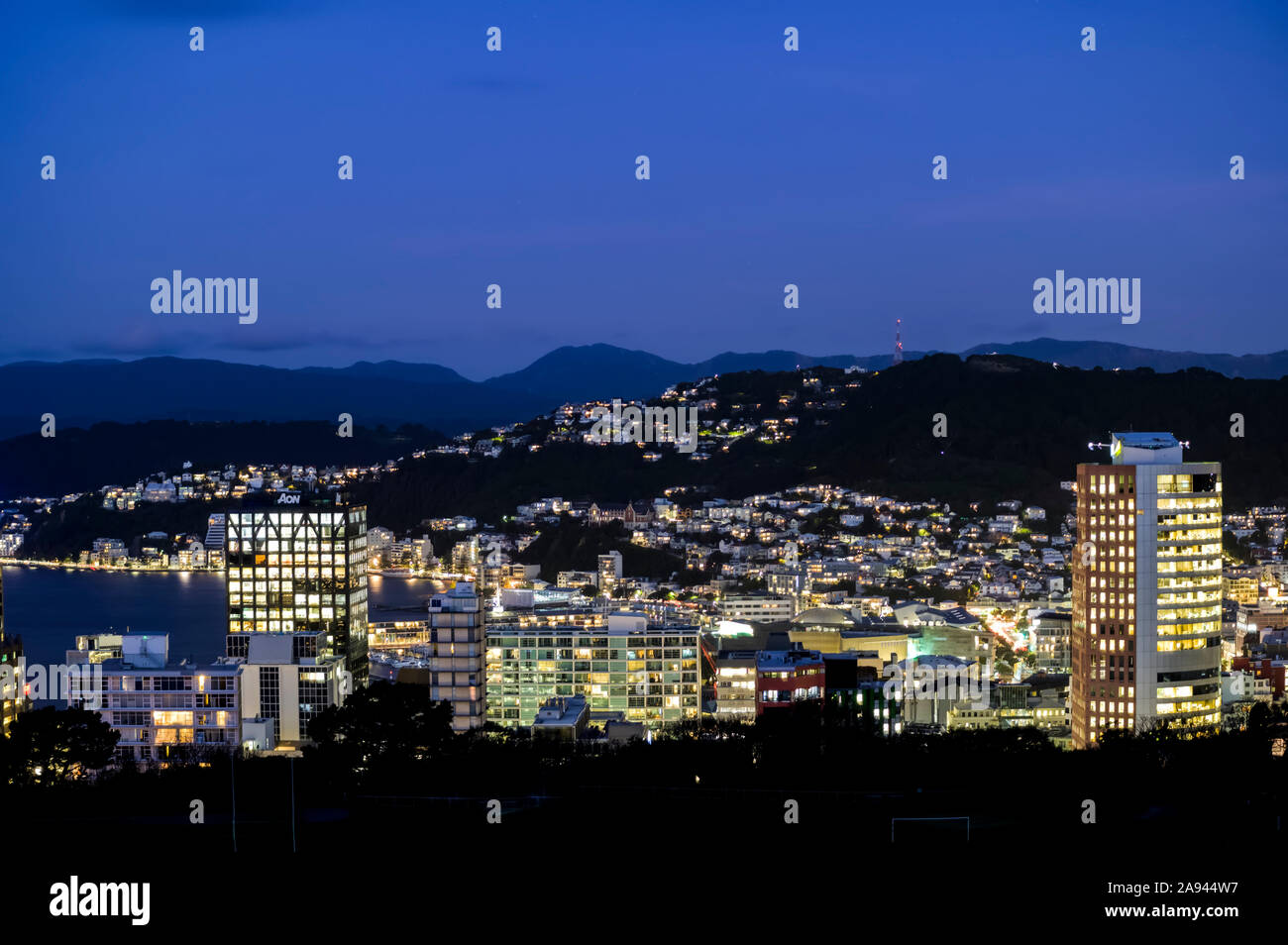 Cityscape of Wellington at twilight; Wellington, North Island, New ...