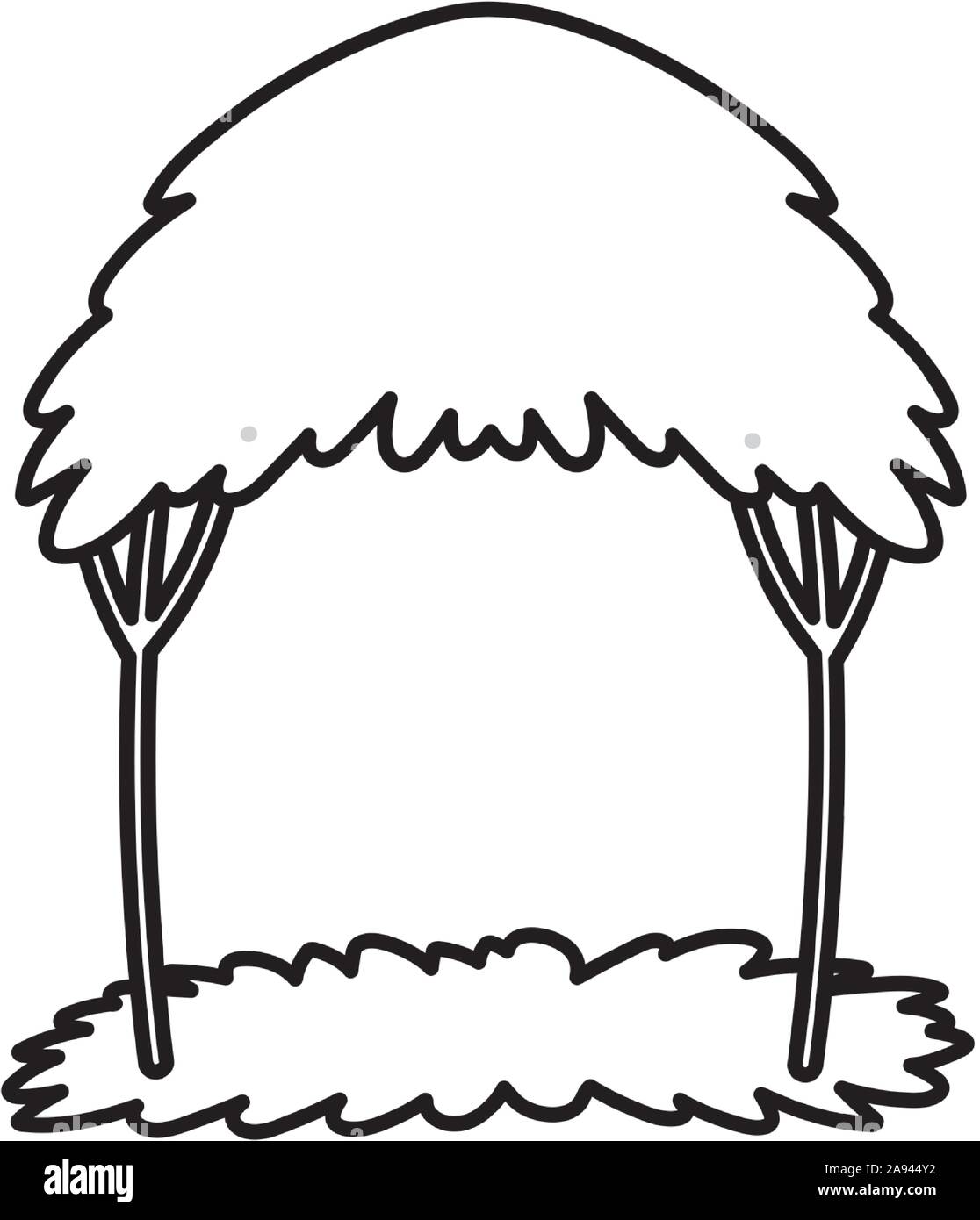 rustic hut branches leaves grass nature vector illustration thick line ...