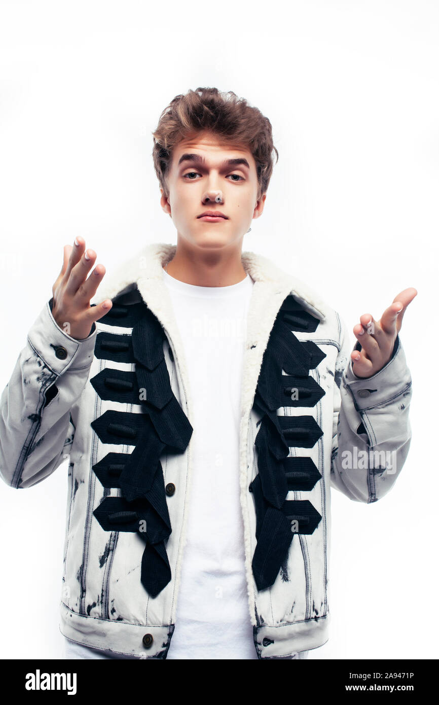 young pretty guy posing emotional cheerful isolated on white background ...