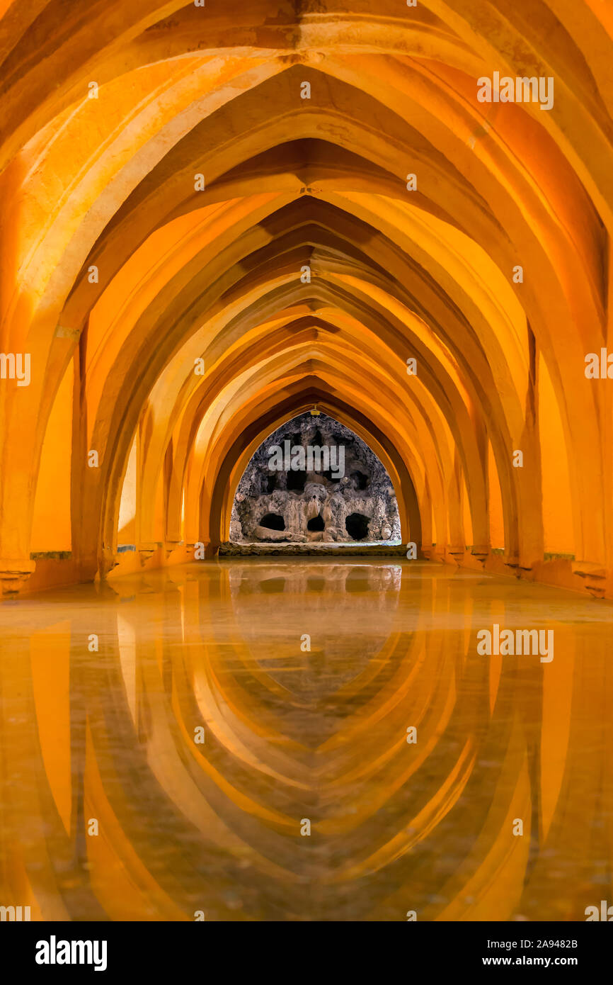 Golden interior of the Royal Alcazars of Seville; Seville, Andalusia ...