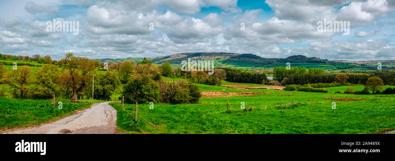 Road and hills in the lush English countryside; Leek, Staffordshire ...