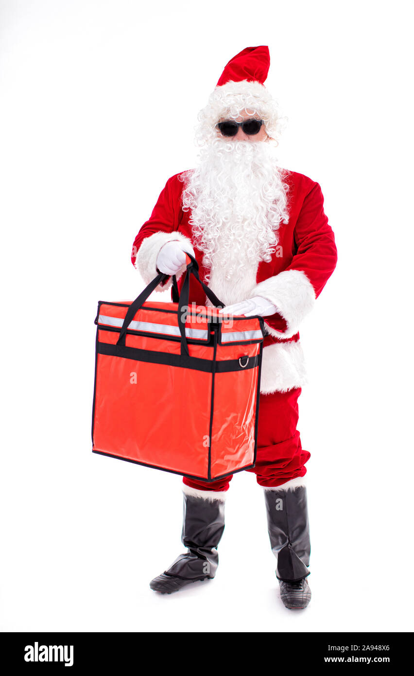 Santa Claus delivery christmas gifts isolated on white Stock Photo - Alamy