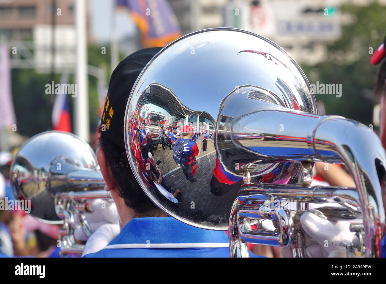 KAOHSIUNG, TAIWAN -- OCTOBER 10, 2019: A marching band dressed in ...