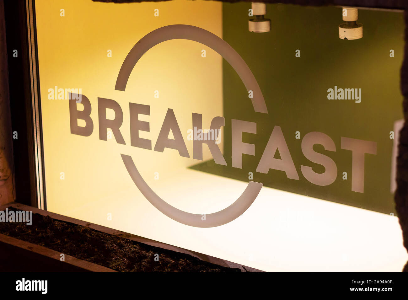 breakfast sign on the window cafeteria. banner morning kitchen Stock ...