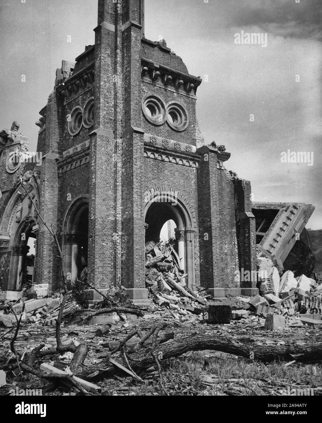 Roman Catholic Cathedral, Nagasaki, after the Atomic Bomb, 1945 Stock ...