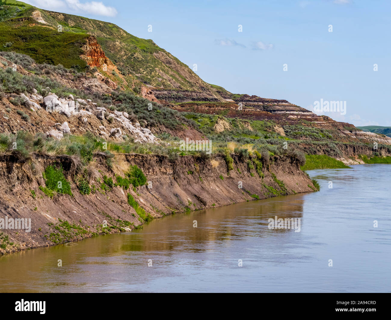 View from a 117 metre long suspension bridge across the Red Deer River ...