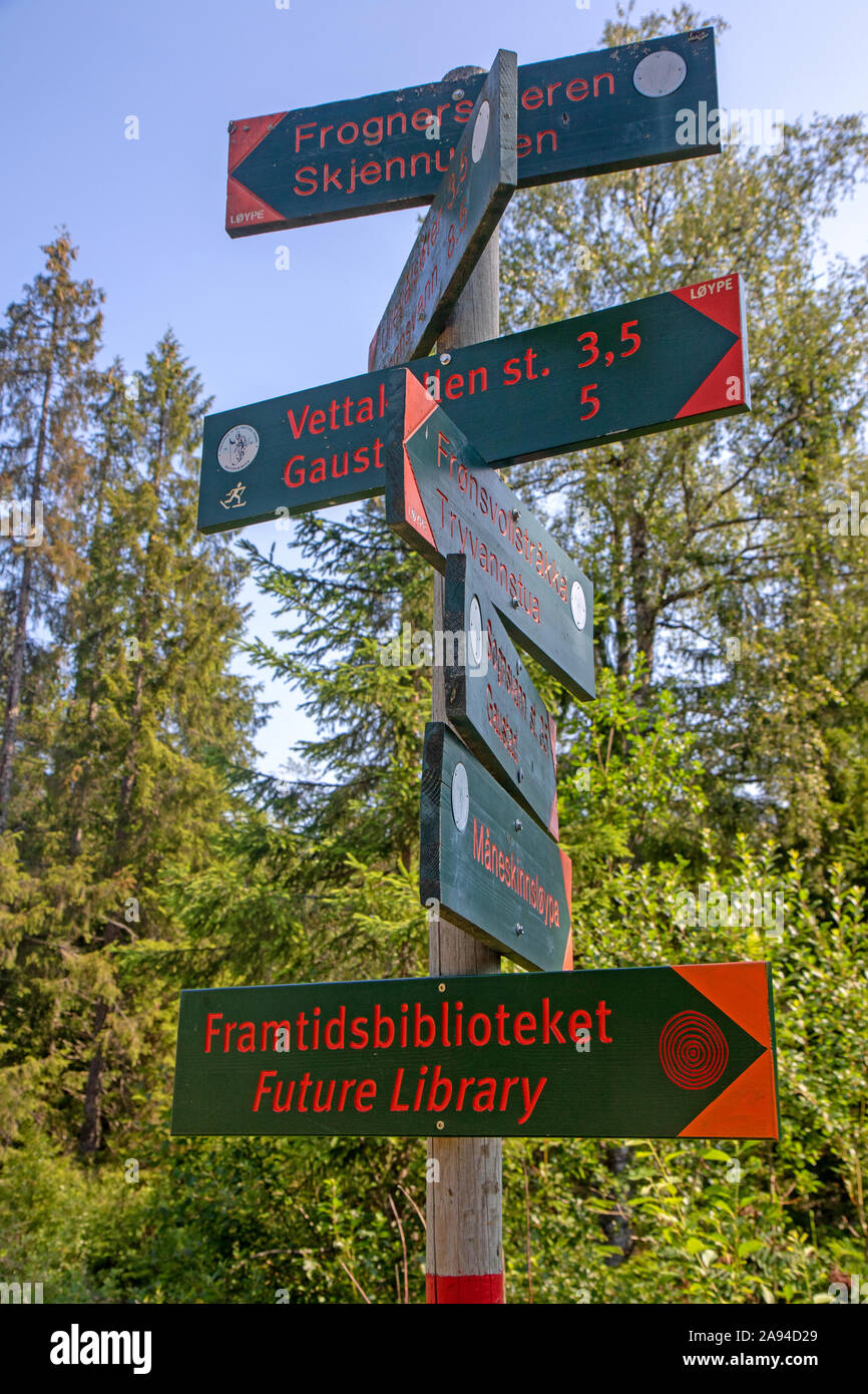 Signs on the walking trail to the Future Forest in Oslo's hills Stock ...