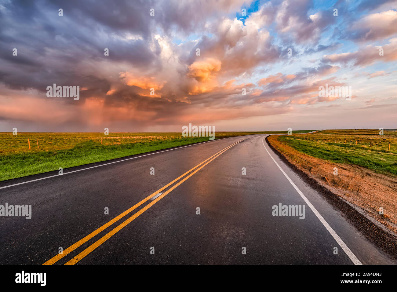 Winding country road at sunset; Val Marie, Saskatchewan, Canada Stock ...
