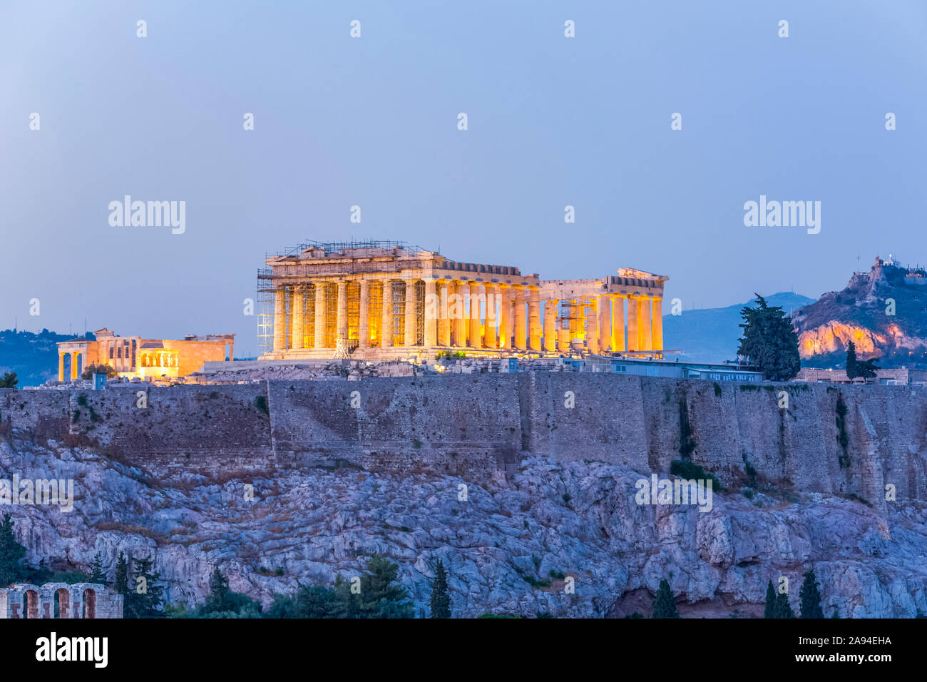 Parthenon, Acropolis of Athens illuminated at dusk; Athens, Greece Stock Photo - Alamy