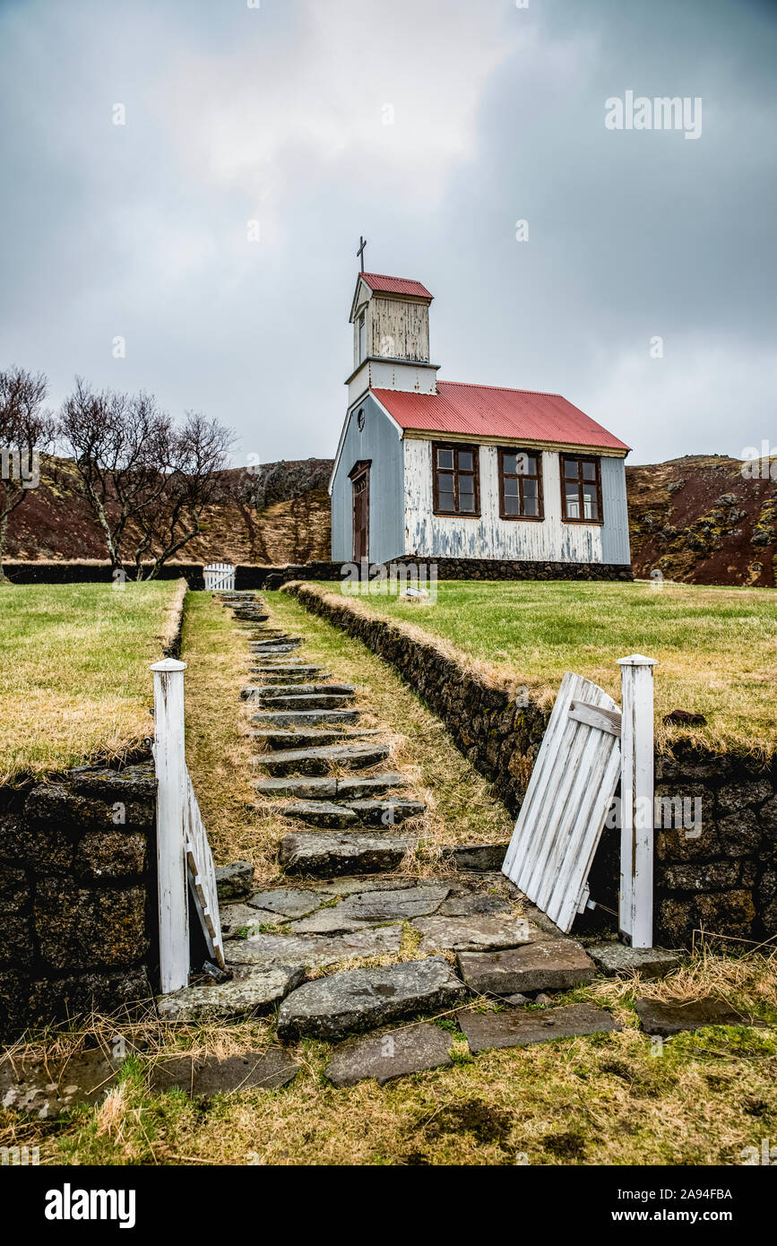 Ytri-Raudamelur church, near Gerduberg basalt columns; Snaefellsnes ...
