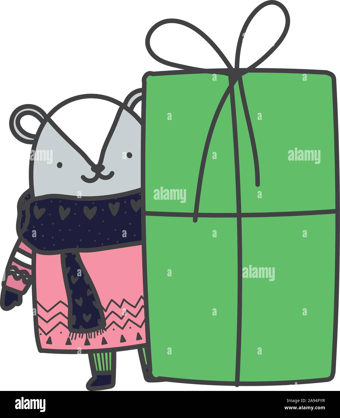 merry christmas cute bear with sweater and gift box celebration vector ...