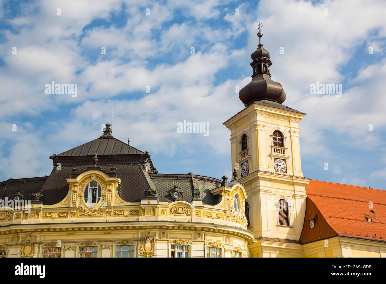 Town Hall building with bell tower; Sibiu, Transylvania Region, Romania ...
