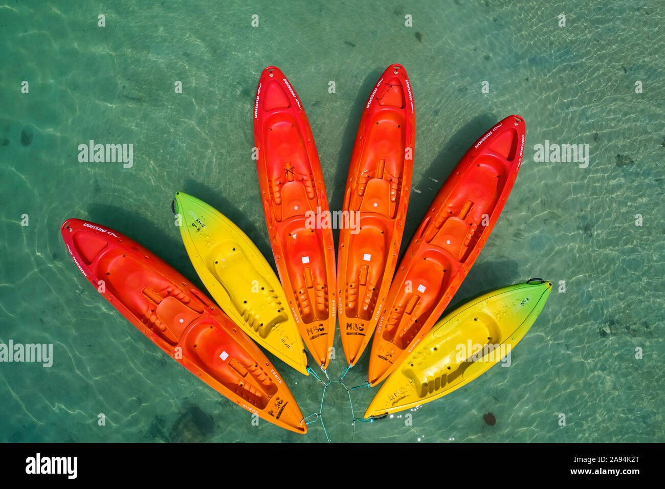 Kayaks, Muri Lagoon, Rarotonga, Cook Islands, South Pacific - drone ...