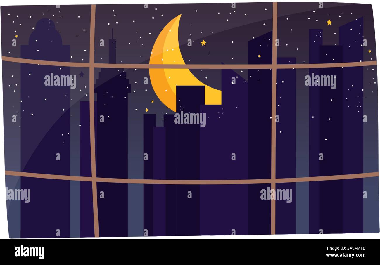 window moon starry night cityspace scene vector illustration Stock ...