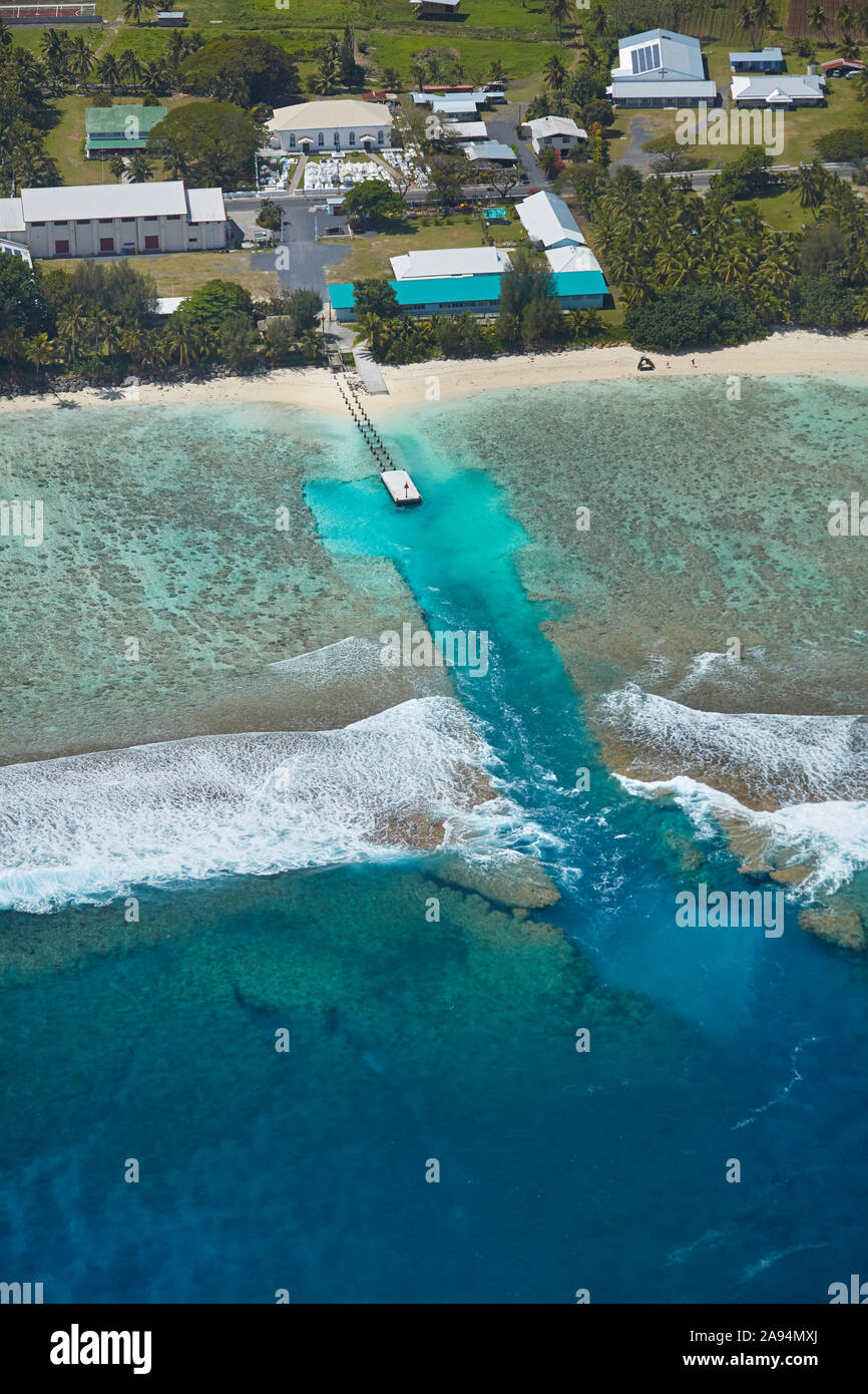 Channel in the reef, and Aorangi CICC Church, Akaoa Tapere, Rarotonga ...