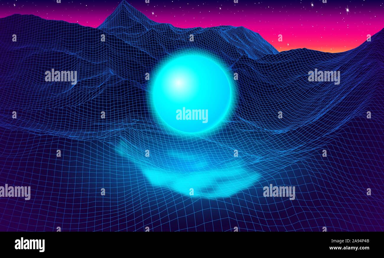 Landscape with wireframe grid of 80s styled retro computer game with ...