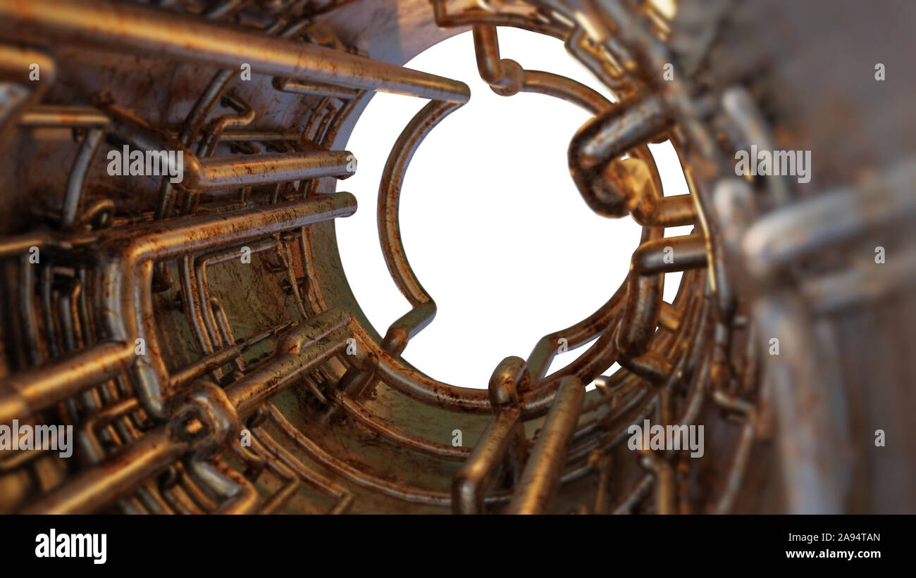 pipes, tunnel with old and rusty metal tubes isolated on white ...