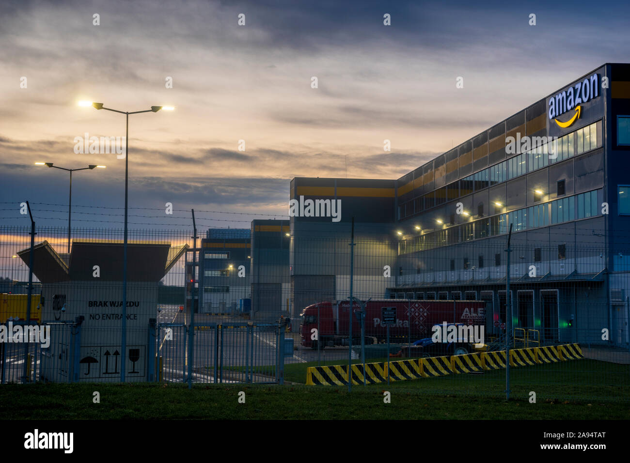 Building of the Amazon logistics center in Szczecin at dawn.Sczecin ...