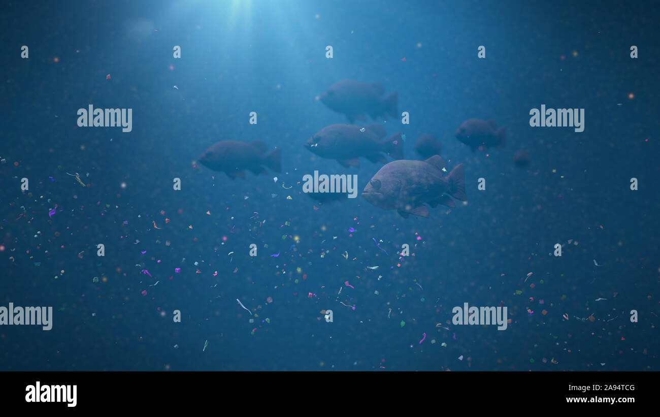 fish swarm swimming through plastic pollution, micro plastic particles ...