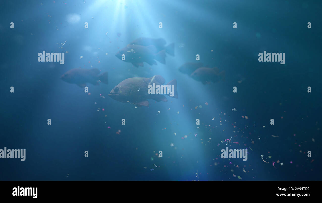 fish swarm swimming through plastic pollution, micro plastic particles ...