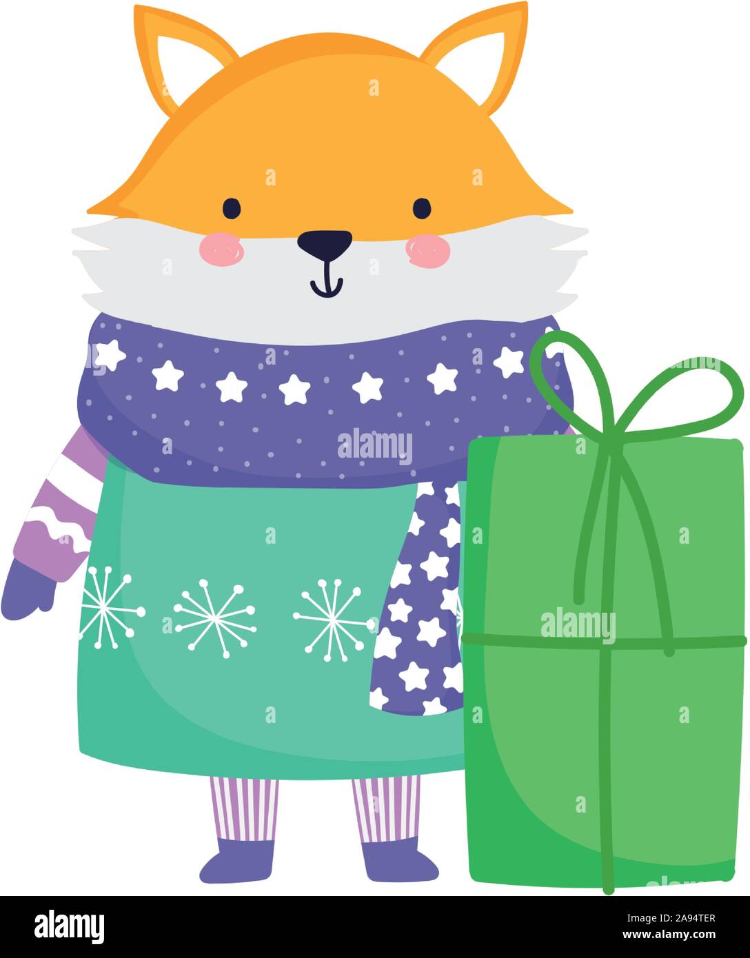 merry christmas fox with warm clothes and gift box celebration vector ...
