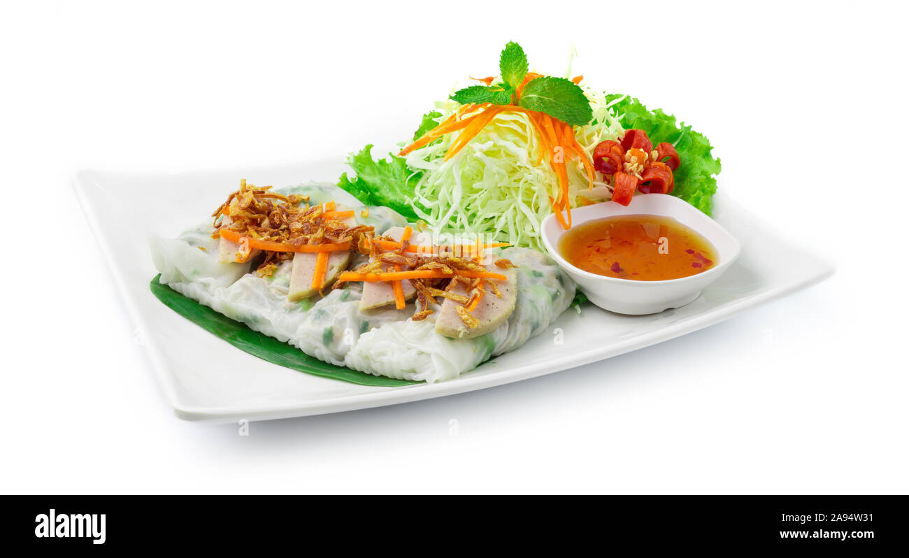 Rice flour Rolls Stuffed with ground pork and green onion ontop with ...